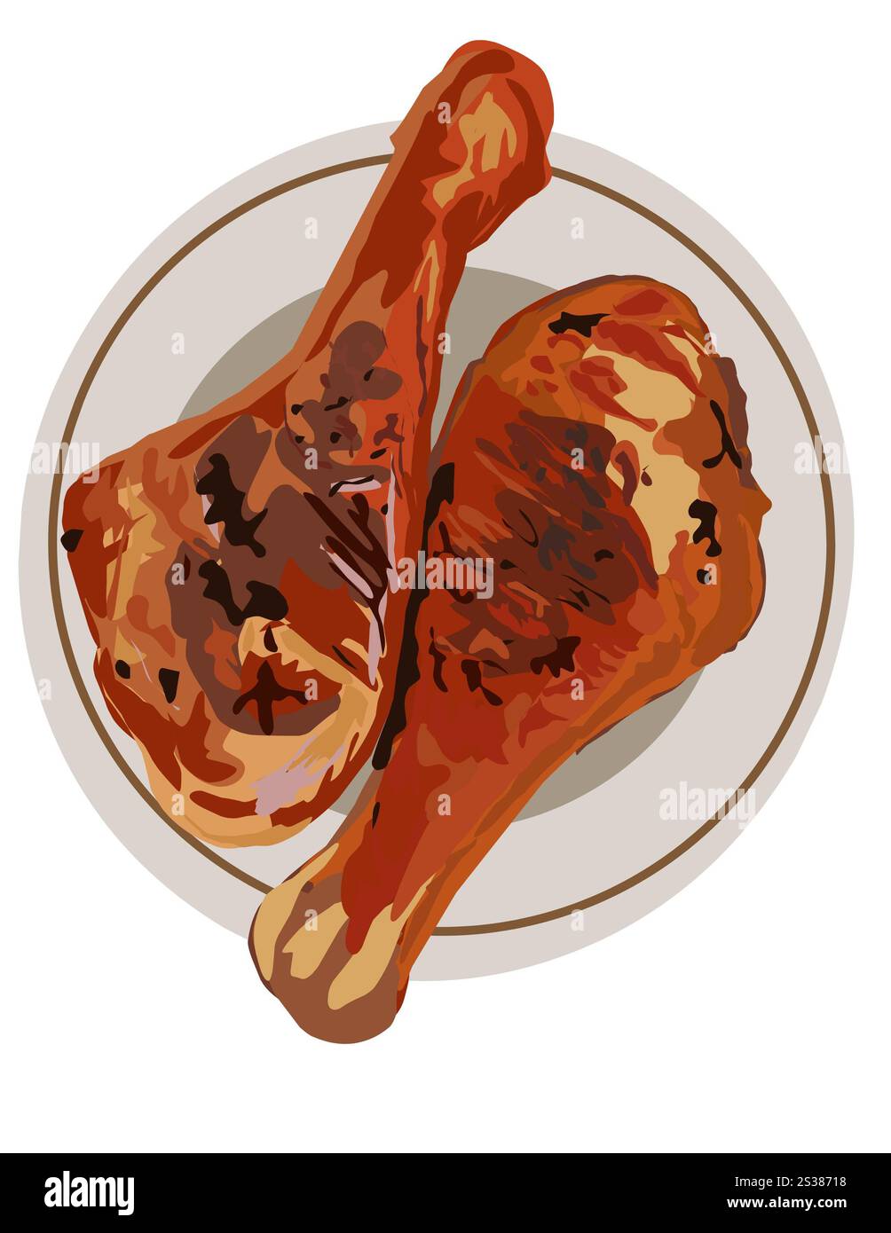 Illustration of a grilled chicken leg on a plate on a white background ...