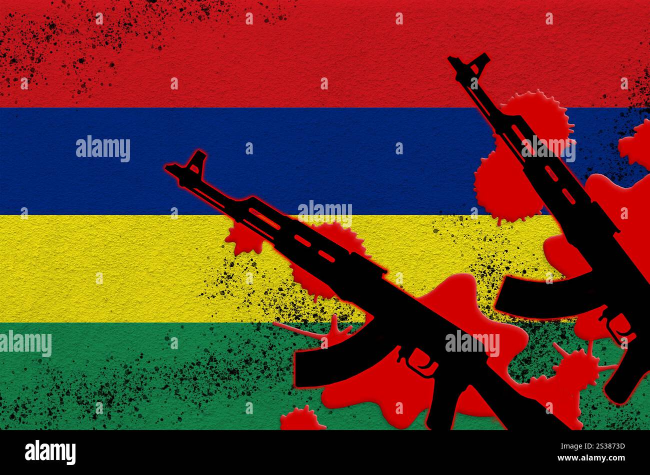 Mauritius flag and two black AK-47 rifles in red blood. Concept for ...
