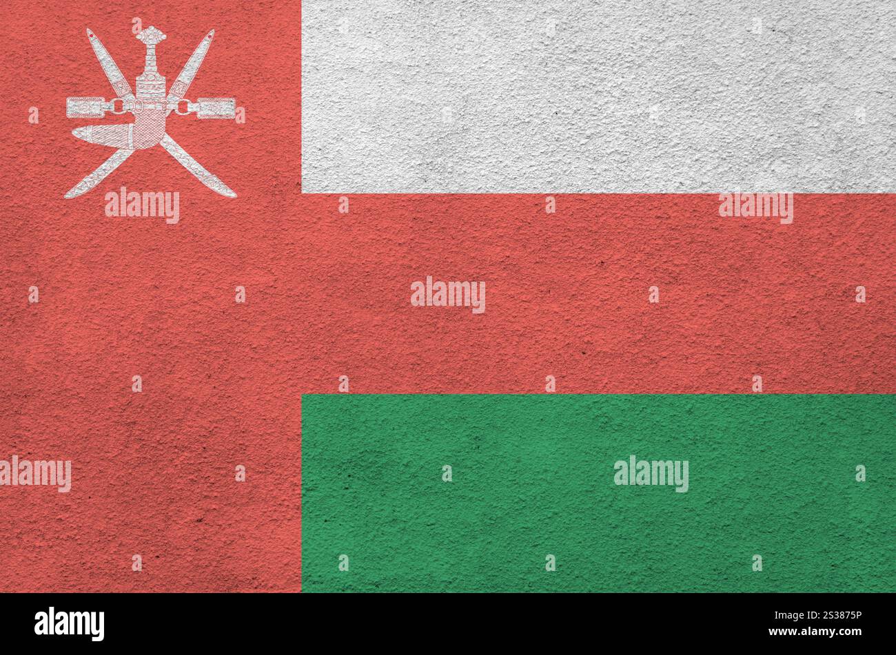 Oman flag depicted in bright paint colors on old relief plastering wall ...
