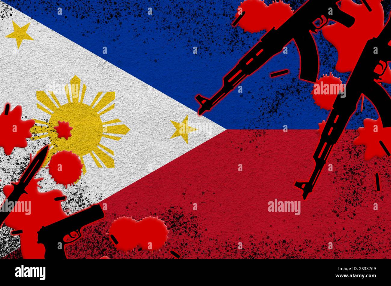 Philippines flag and guns in red blood. Concept for terror attack and ...