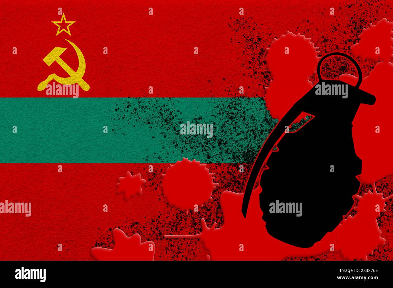 Transnistria flag and MK2 frag grenade in red blood. Concept for terror ...
