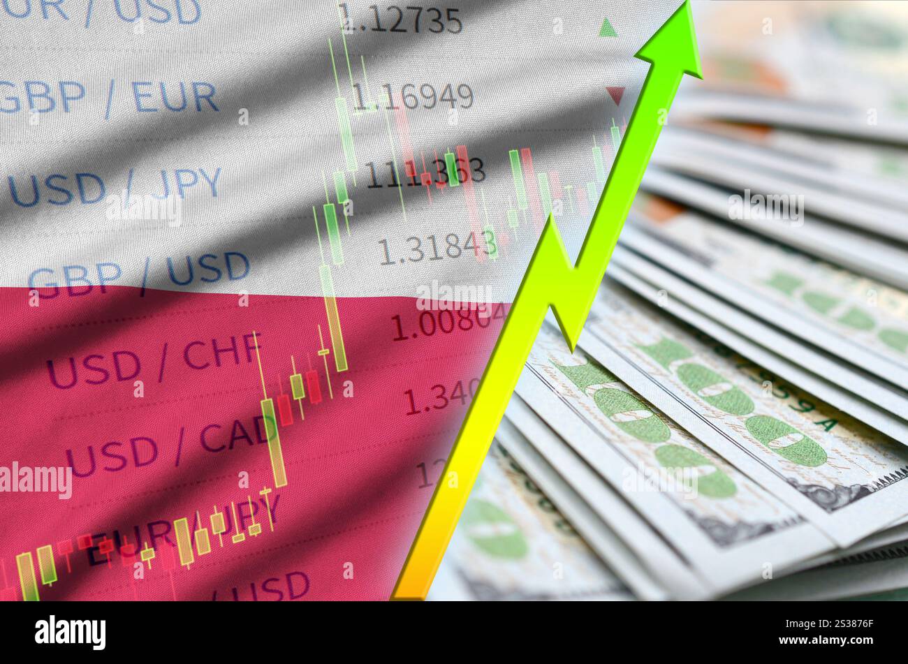 Poland flag and chart growing US dollar position with a fan of dollar ...