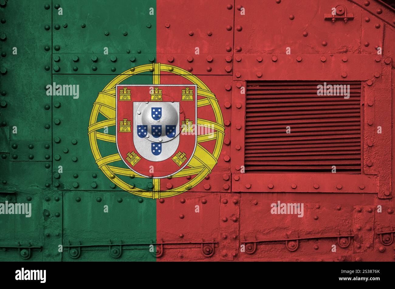 Portugal flag depicted on side part of military armored tank close up ...