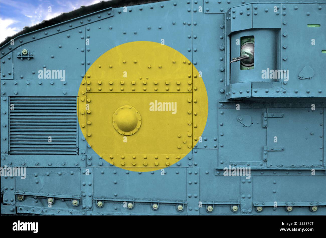 Palau flag depicted on side part of military armored tank close up ...