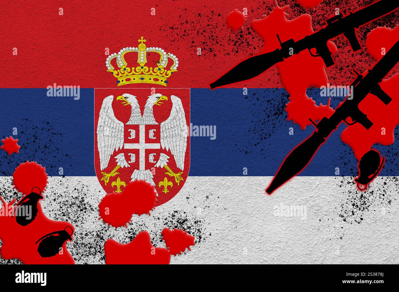 Serbia flag and rocket launchers with grenades in blood. Concept for ...