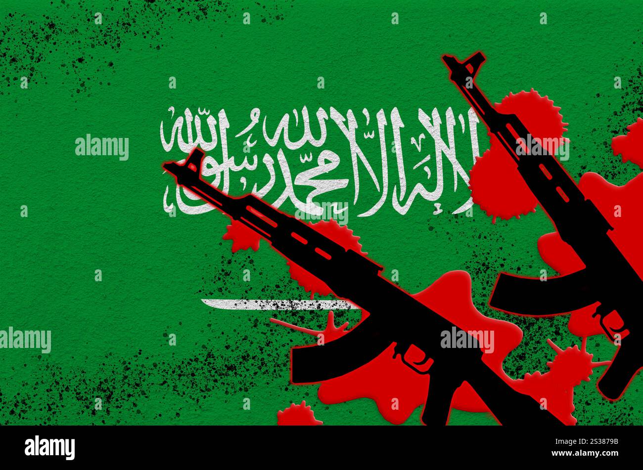 Saudi Arabia flag and two black AK-47 rifles in red blood. Concept for ...