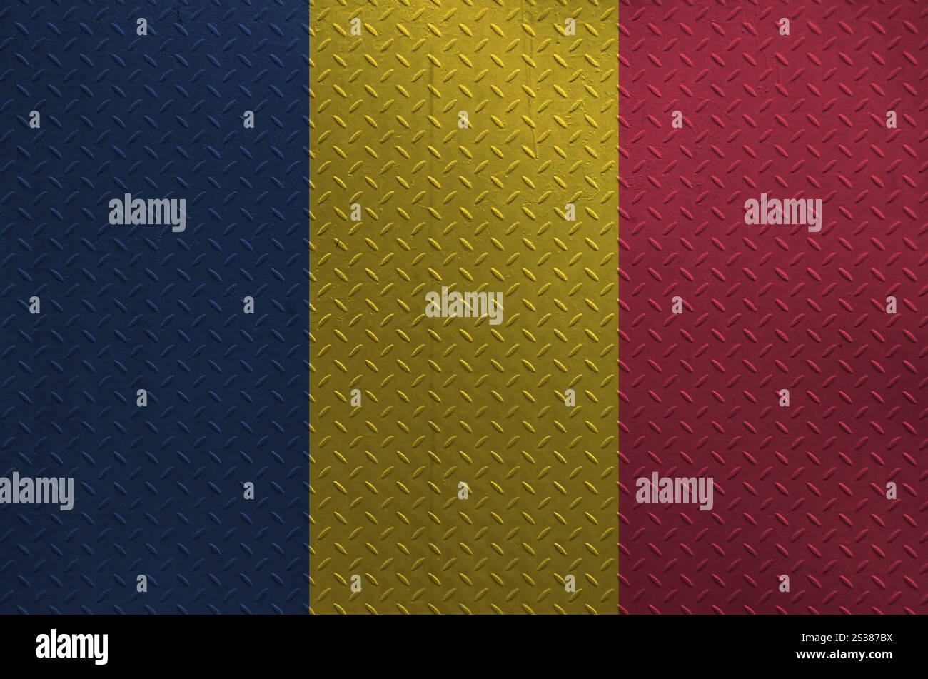 Chad flag depicted in paint colors on old brushed metal plate or wall ...