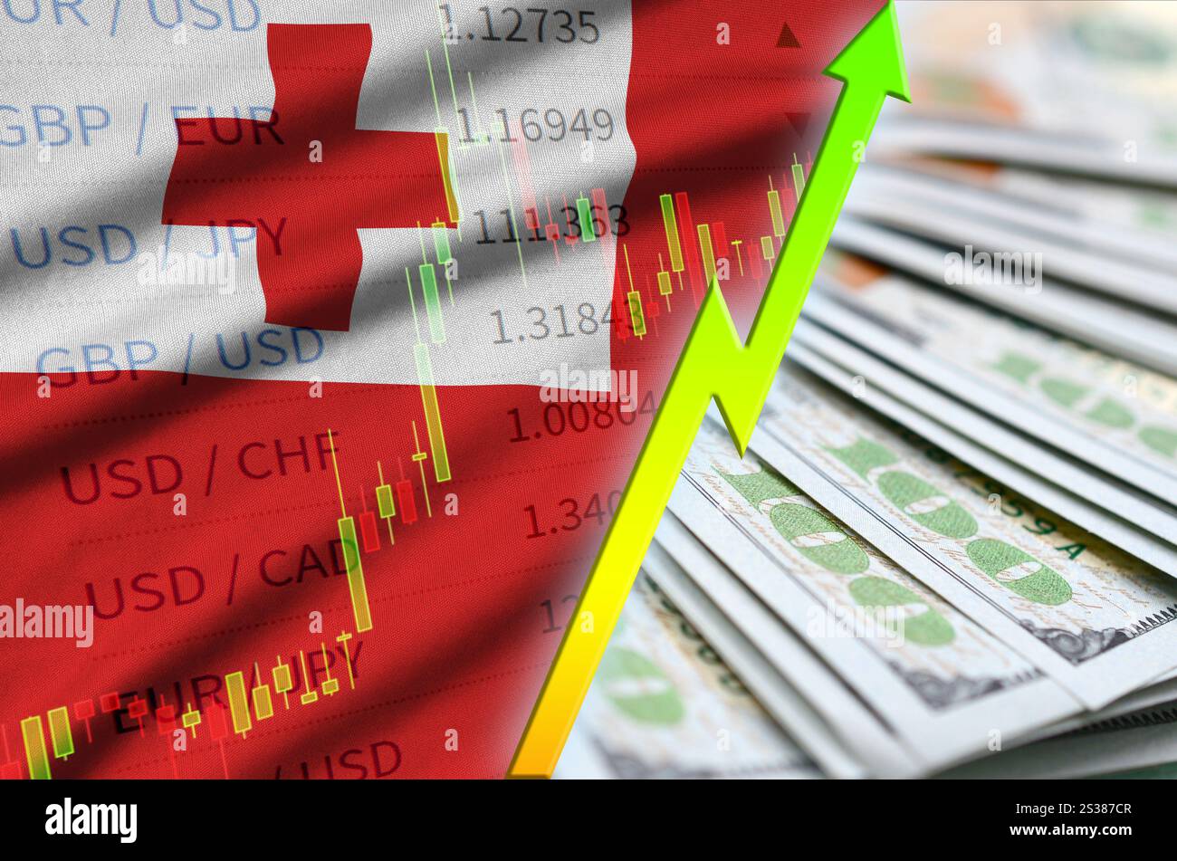 Tonga flag and chart growing US dollar position with a fan of dollar ...