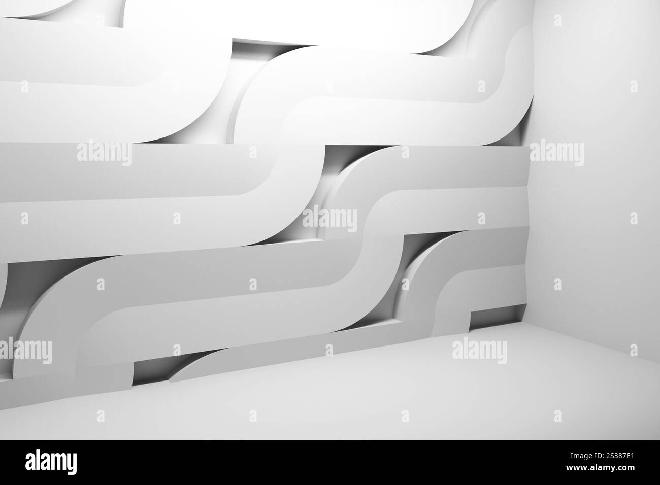 Abstract empty room with decorative wall installation, blank white ...