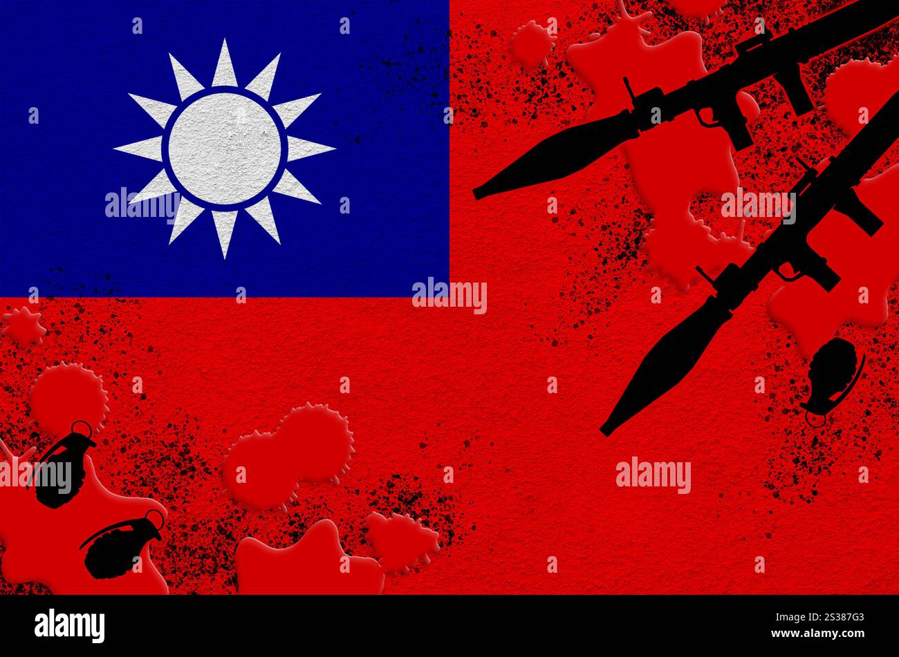 Taiwan flag and rocket launchers with grenades in blood. Concept for ...