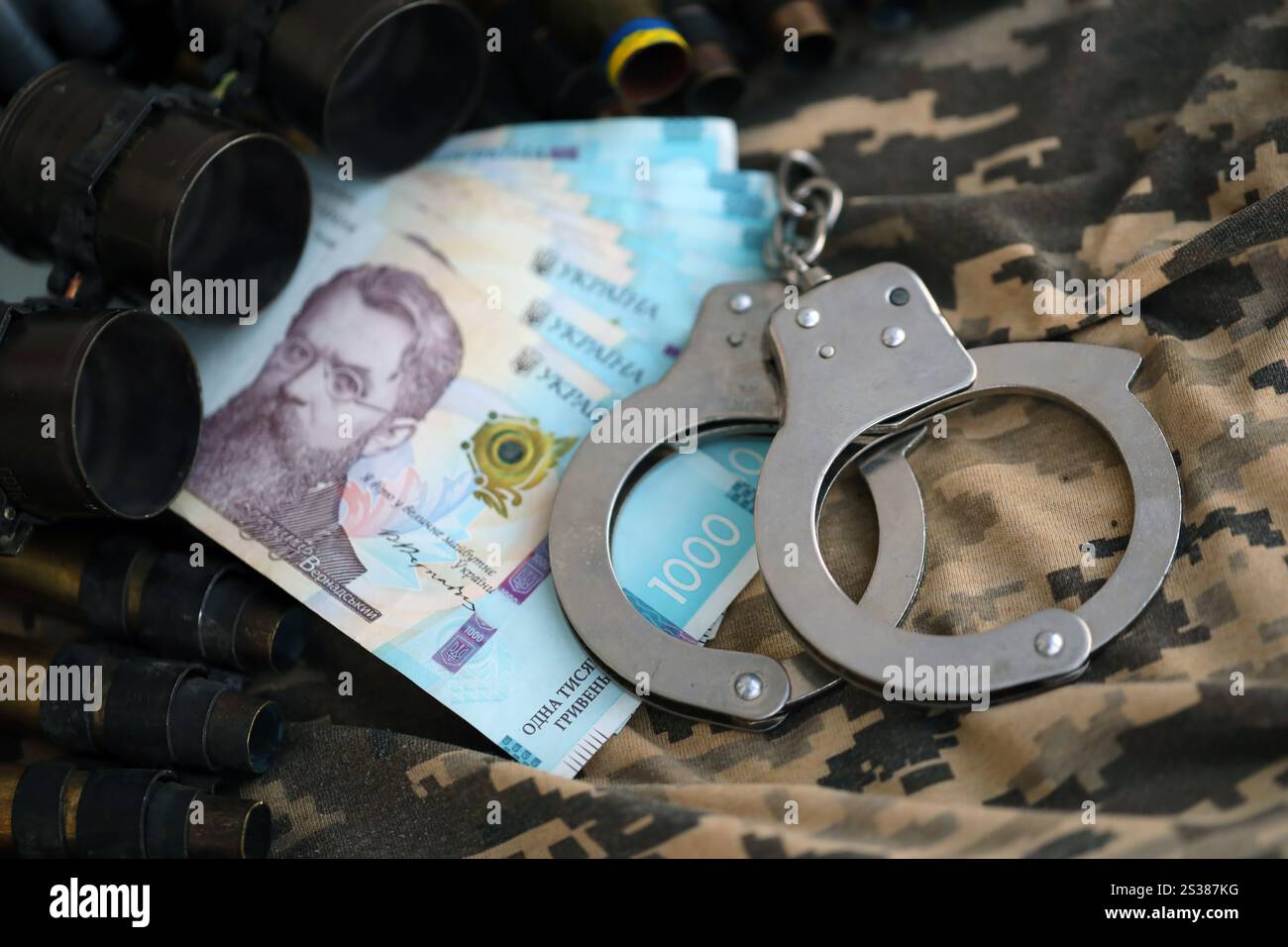 Ukrainian army machine gun belt shells, handcuffs and bunch of hryvnia ...