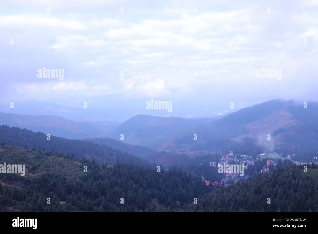 Morning view of residental area and houses around the Dragobrat ...