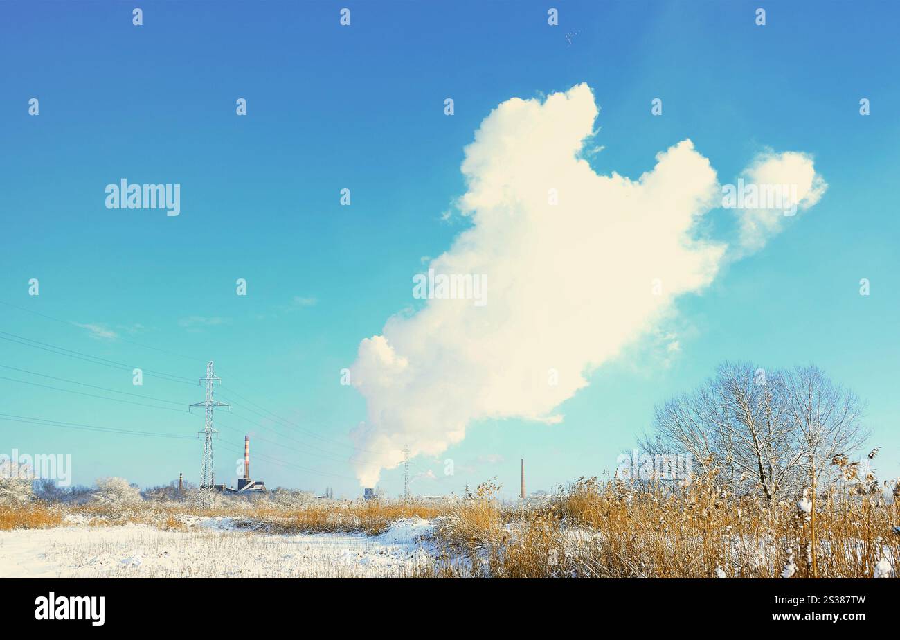 The industrial plant is located behind the swampy terrain, covered with ...