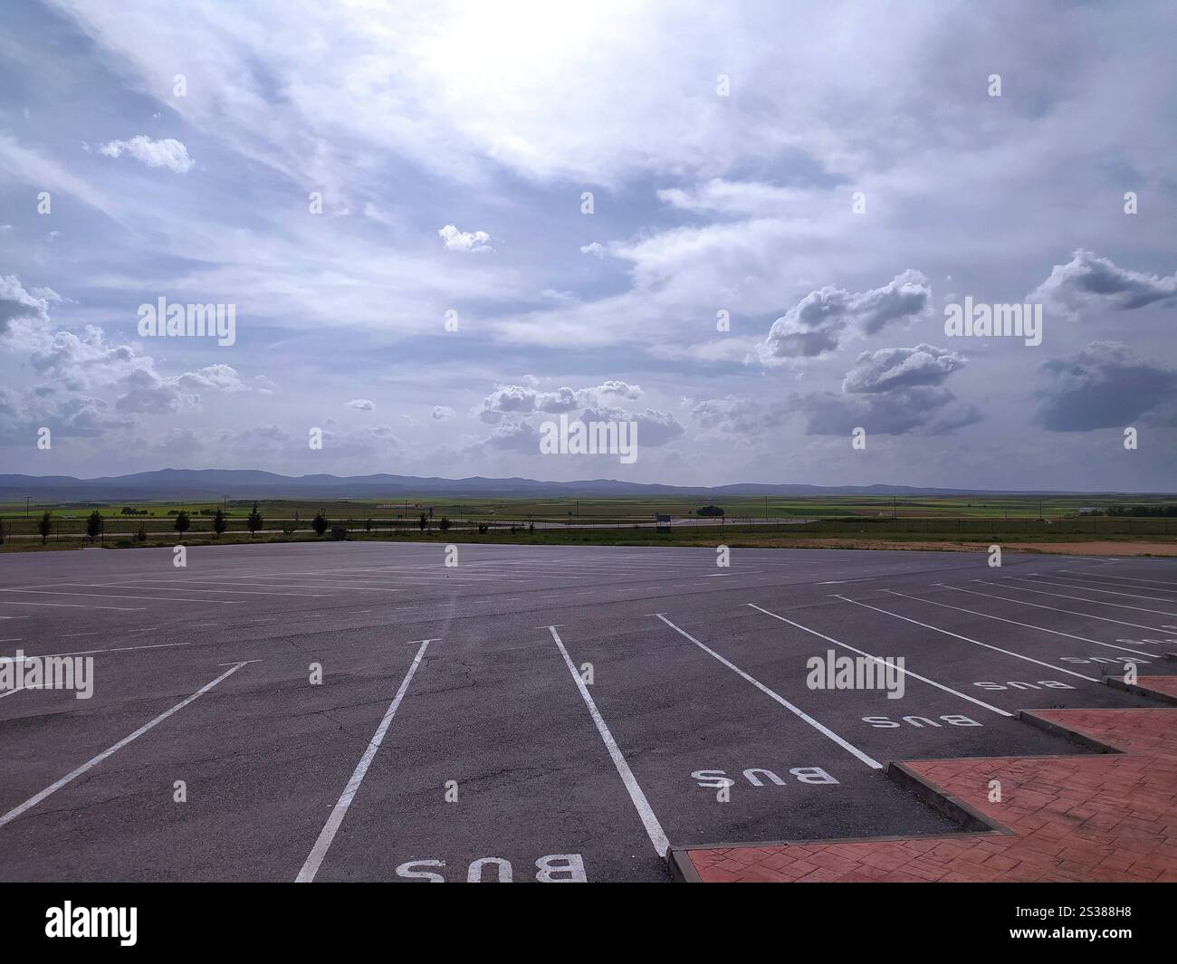 Empty bus parking without people and cars. Panorama of a stop of ...