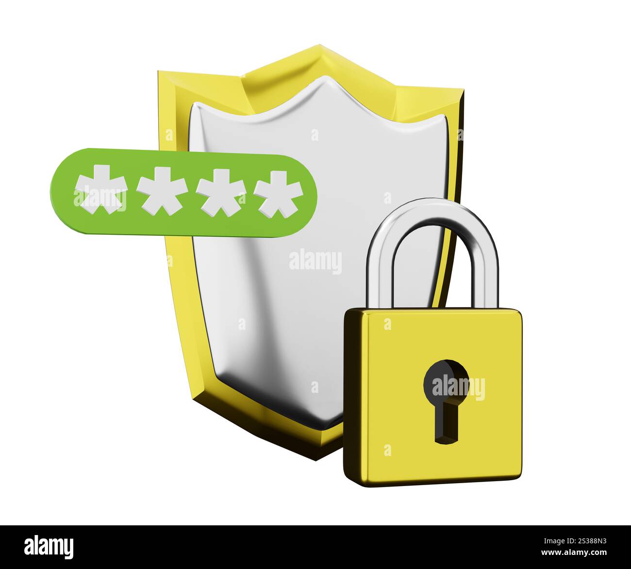 Shield with lock symbol security and protection. 3D render isolated on ...