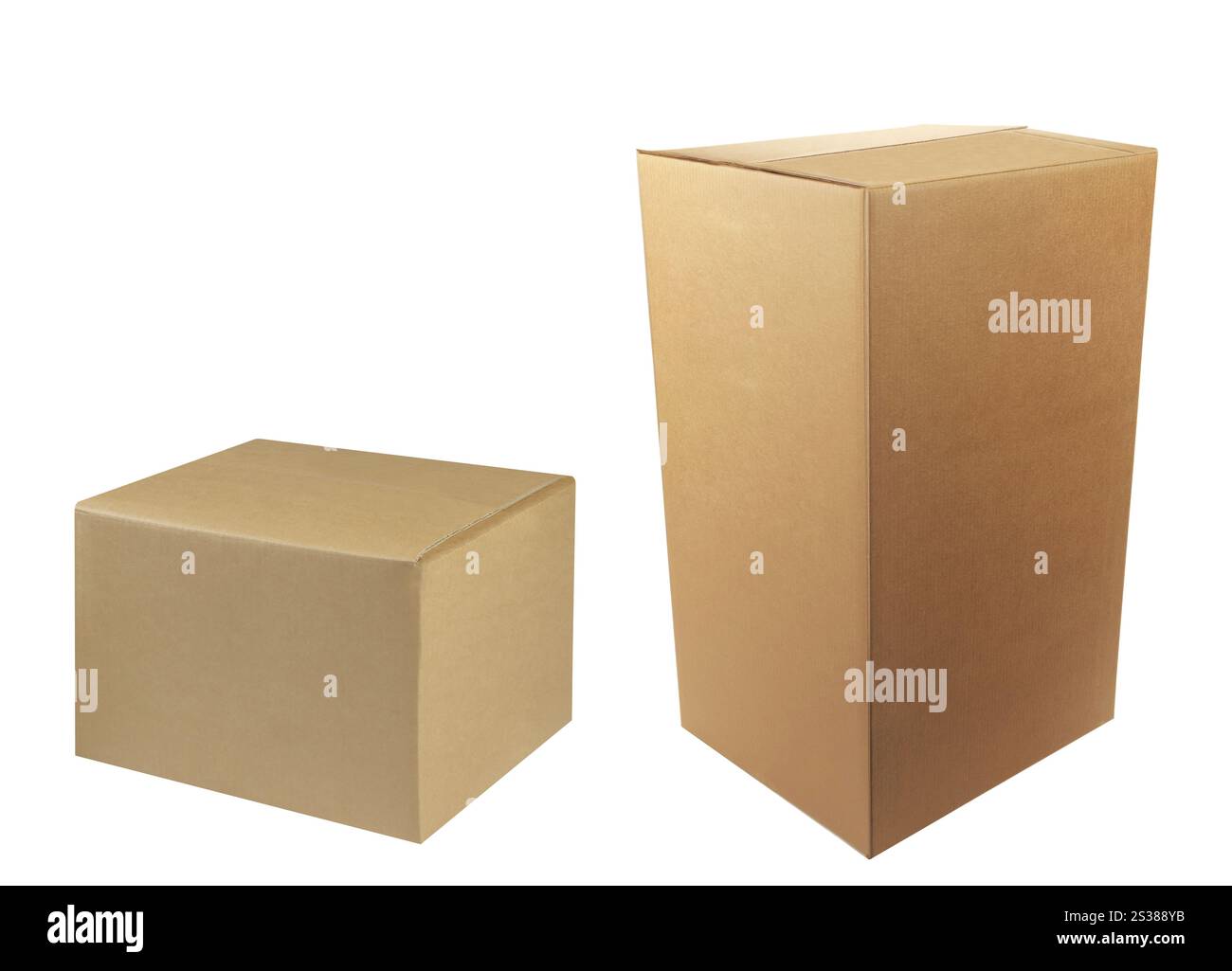 Closed cardboard boxes taped up and isolated on a white background ...