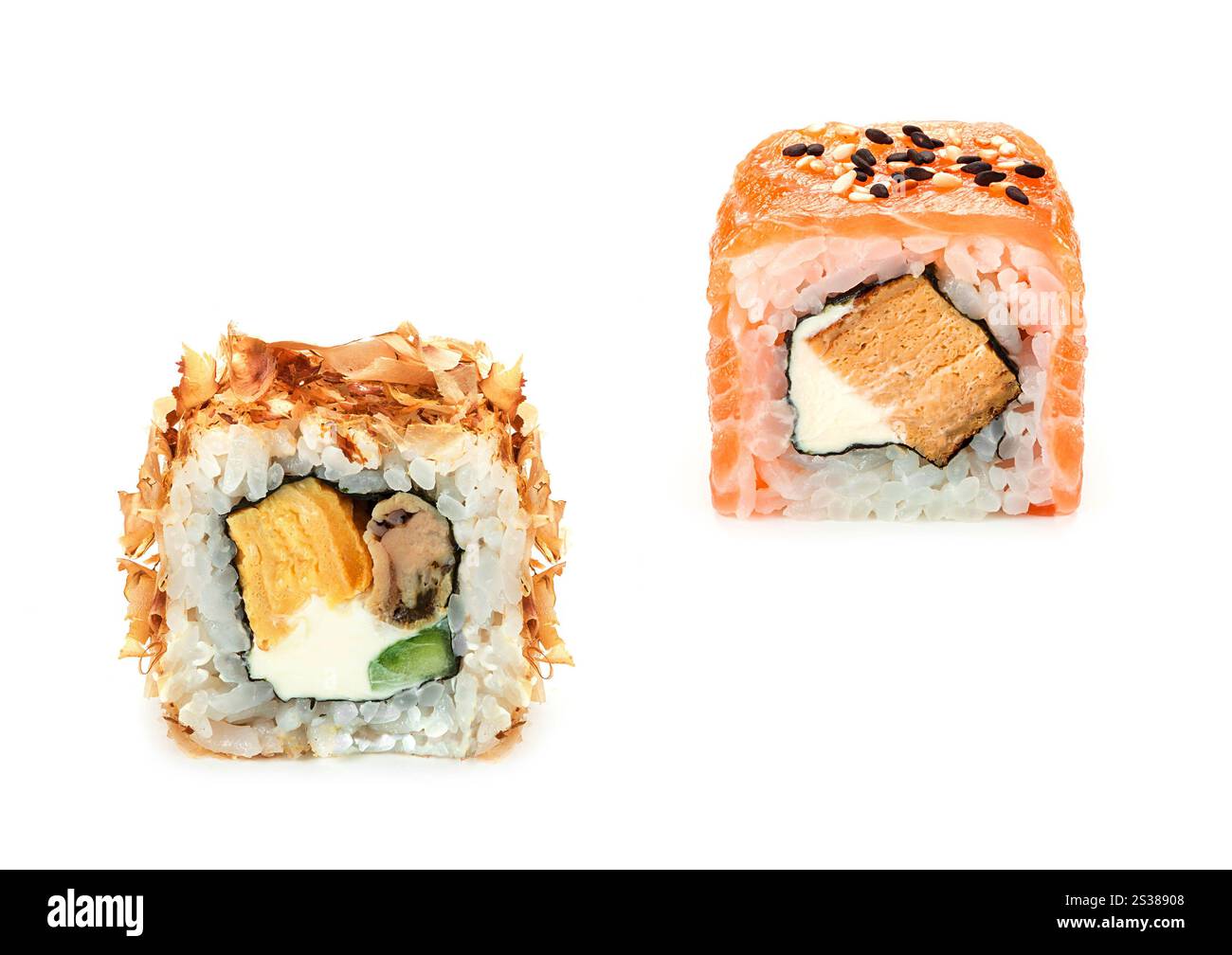 traditional fresh japanese sushi rolls isolated on white background ...