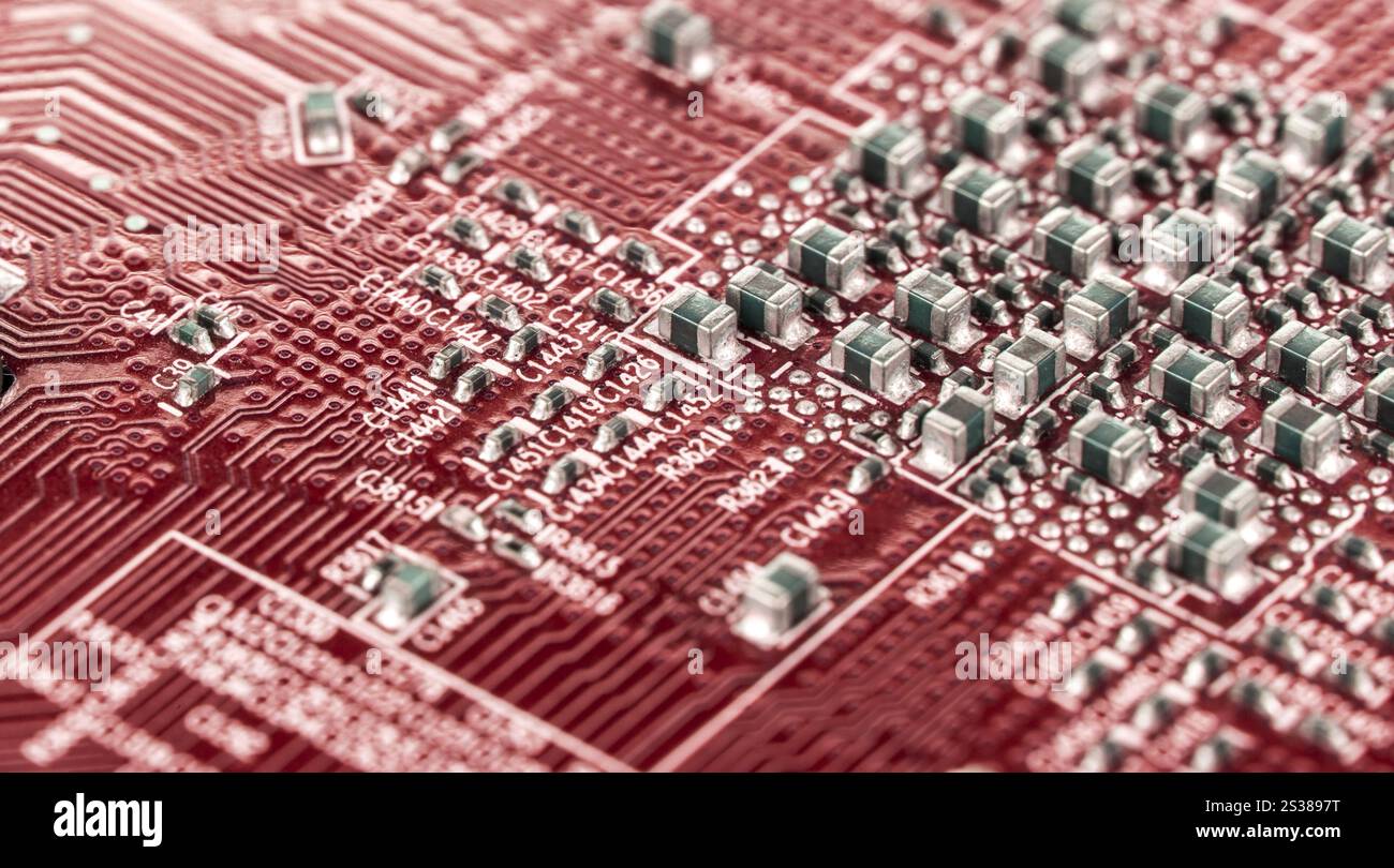 red electronic circuit board close up. red electronic circuit board ...