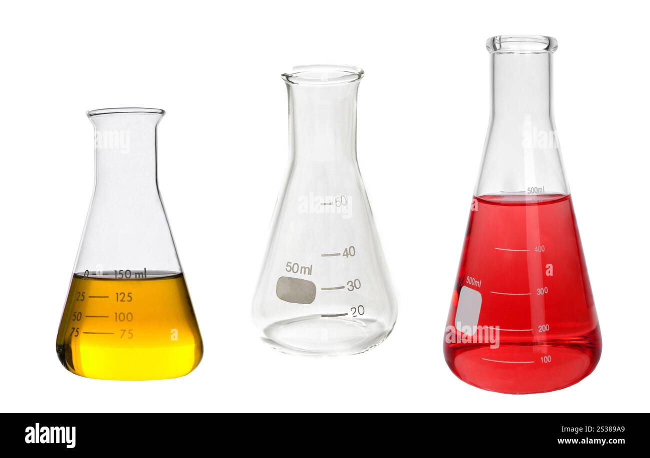 Chemical laboratory glasswares isolated on white background. Chemical ...