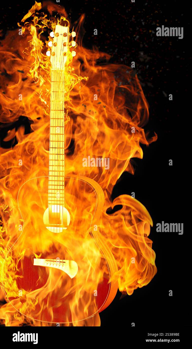 Burning electric guitar on black background isolated. Burning electric ...