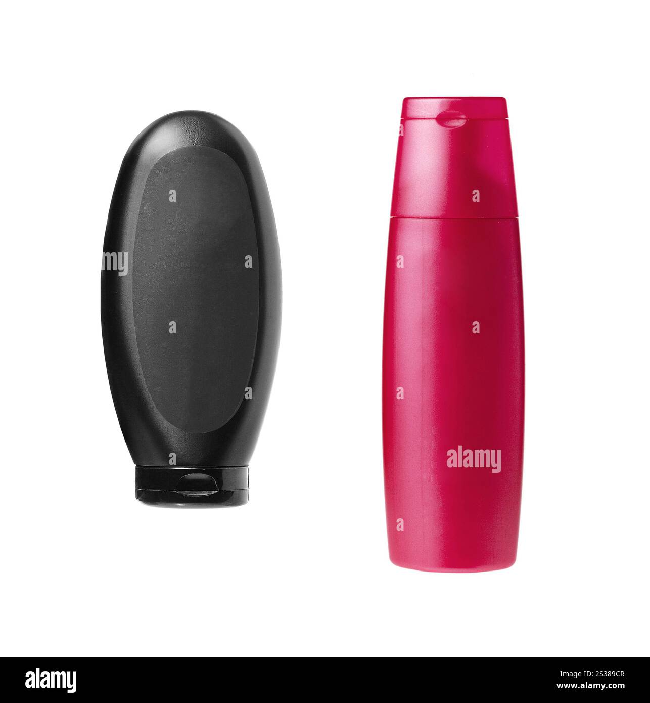Black and pink shampoo bottles isolated on white background. Black and pink shampoo bottles ...