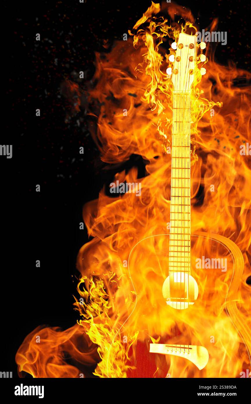 Burning electric guitar on black background isolated. Burning electric ...