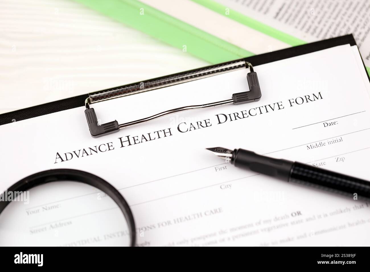 Advance health care directive blank form on A4 tablet lies on office ...