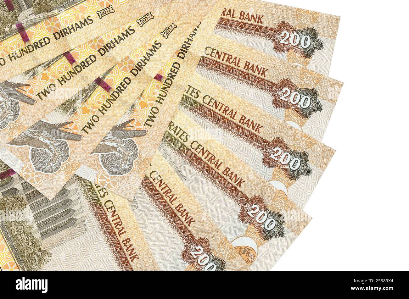 200 UAE dirhams bills lies isolated on white background with copy space ...