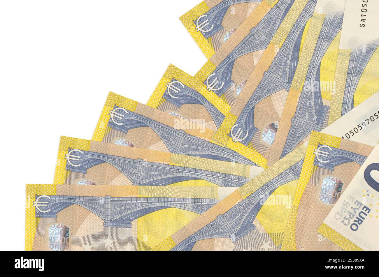 200 euro bills lies in different order isolated on white. Local banking ...