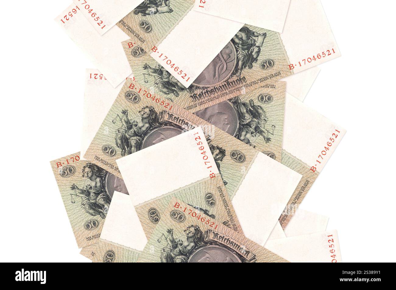 50 Reich marks bills flying down isolated on white. Many banknotes ...