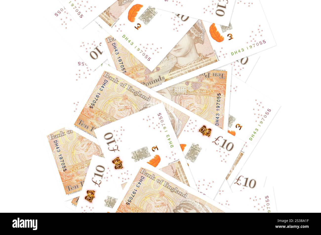 10 British pounds bills flying down isolated on white. Many banknotes ...