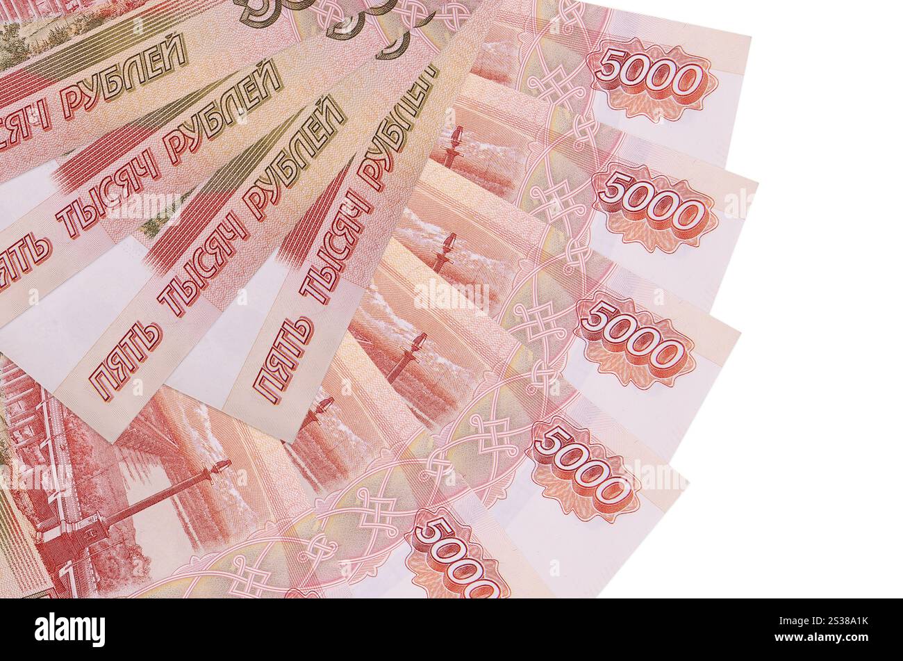 5000 russian rubles bills lies isolated on white background with copy ...