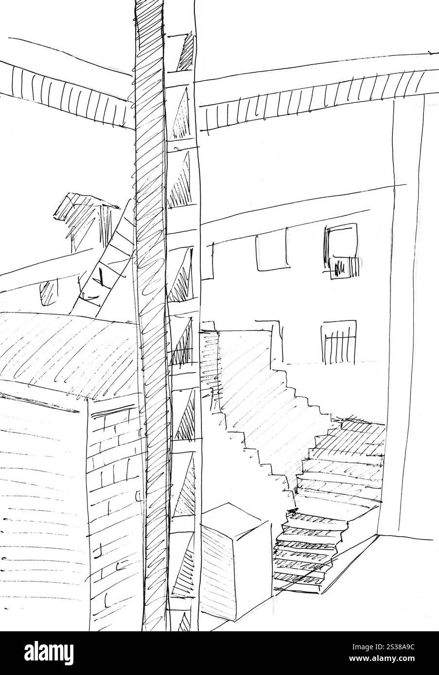 cityscape with houses and stairs drawn by hand in black ink on white ...