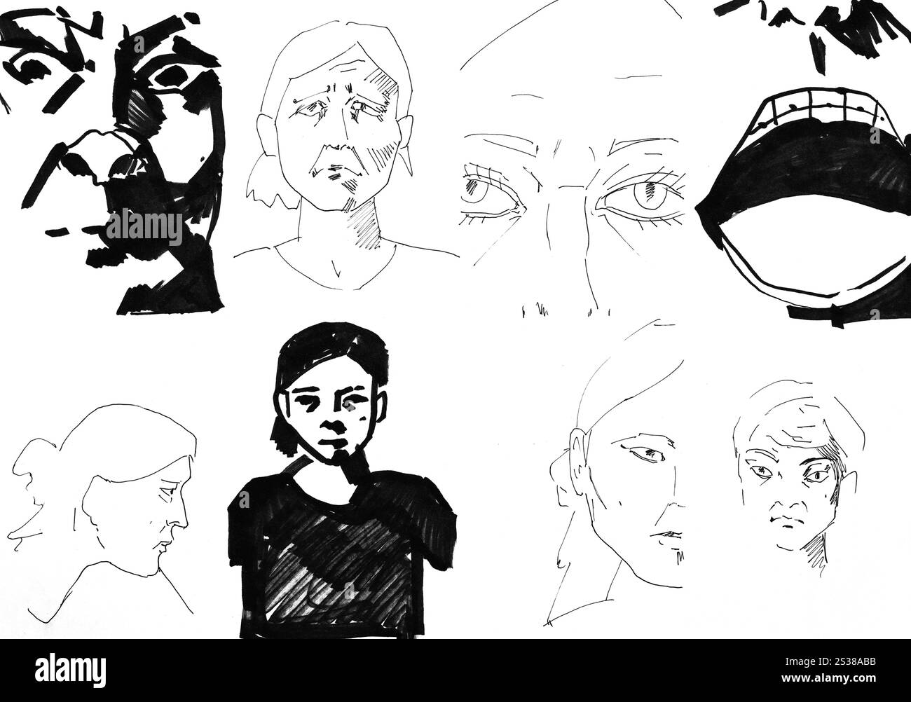 sketches of human faces and heads with various emotions drawn by hand ...