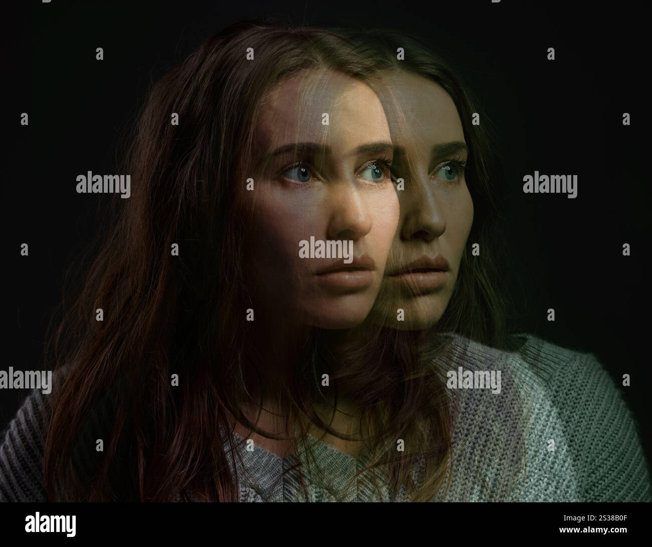 Mental health, woman and face in studio with double exposure, fear and ...