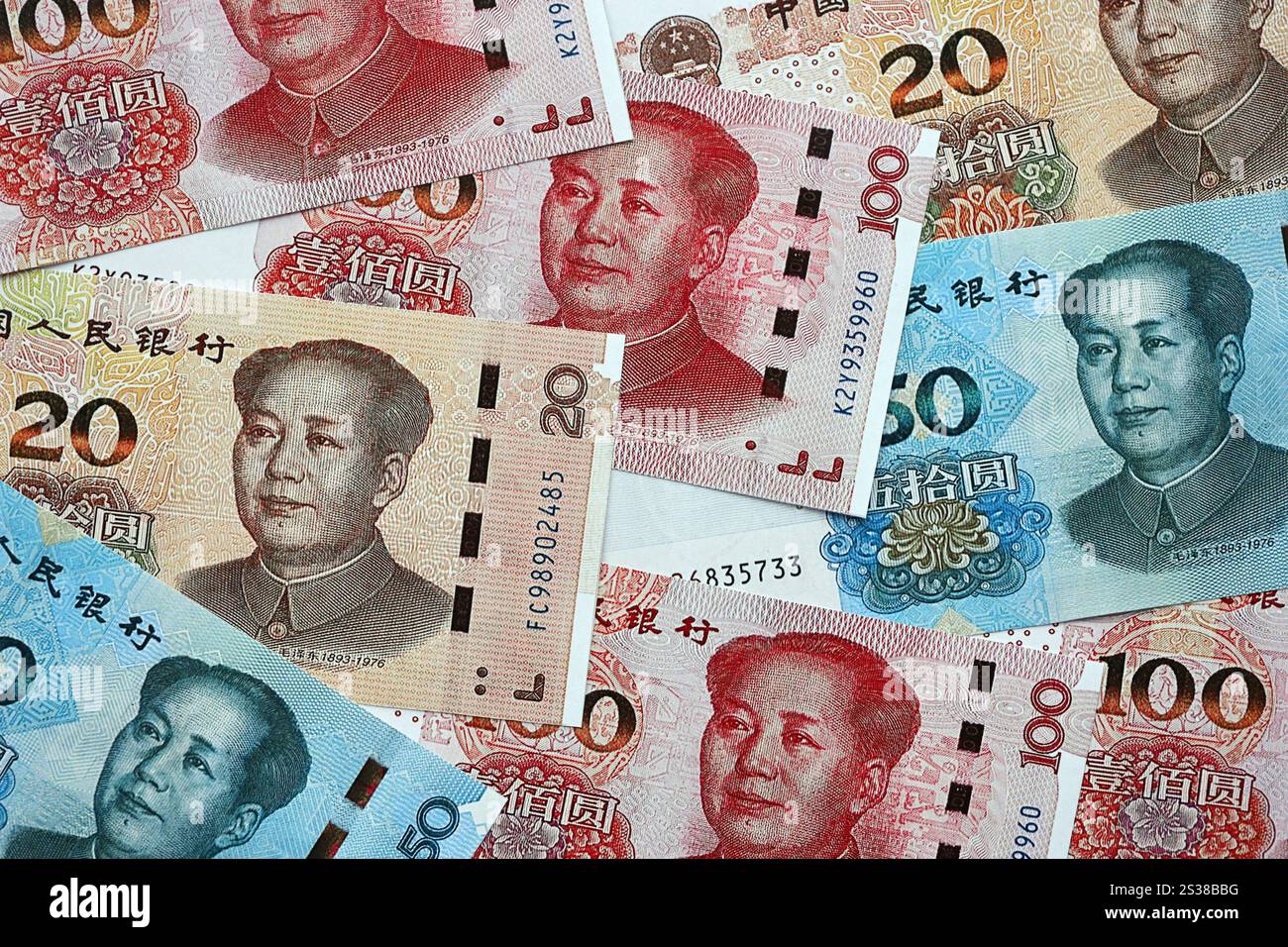 Many money bills of People Republic of China. PRC Yuan banknotes close ...