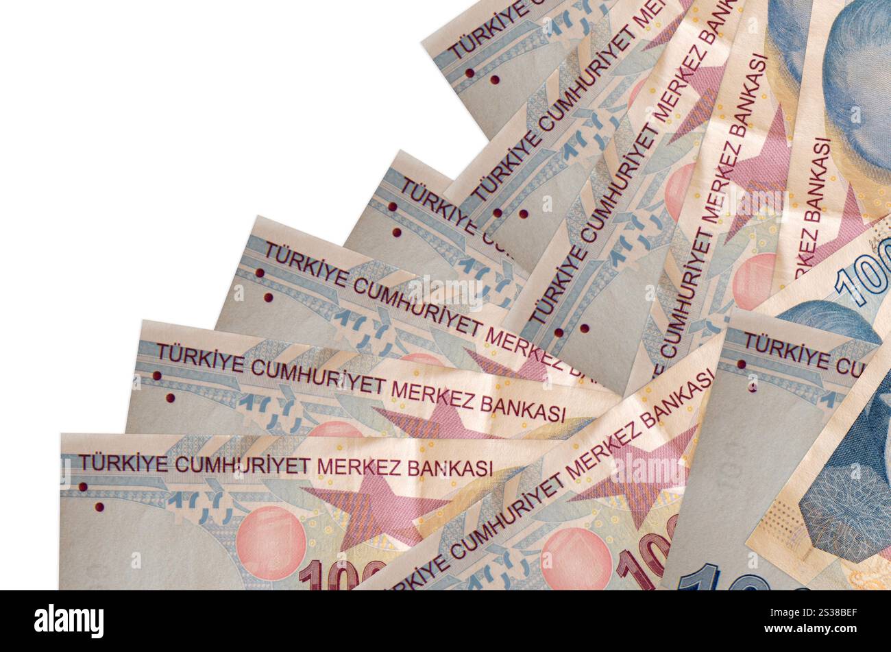 100 Turkish liras bills lies in different order isolated on white ...