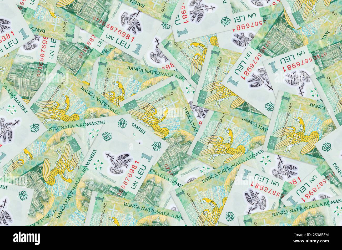 1 Romanian leu bills lies in big pile. Rich life conceptual background ...