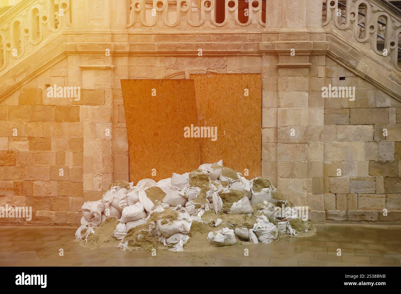 Texture of broken barricade wall made of white sandbags for war ...