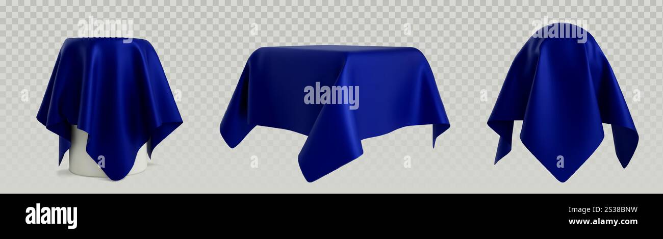 Objects covered with blue silk cloth set isolated on transparent ...