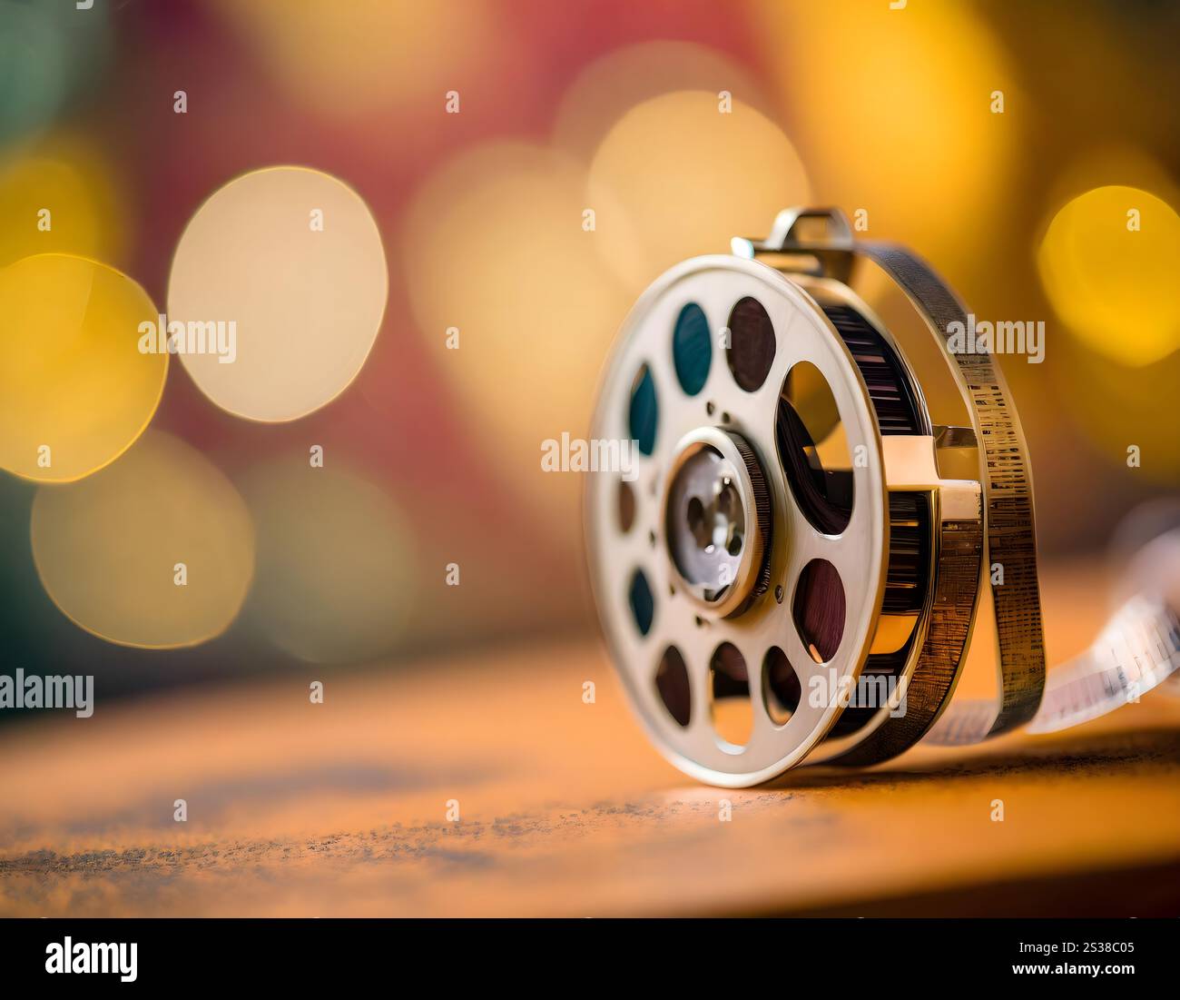 A film reel is positioned on top of a rustic wooden table. The reel ...