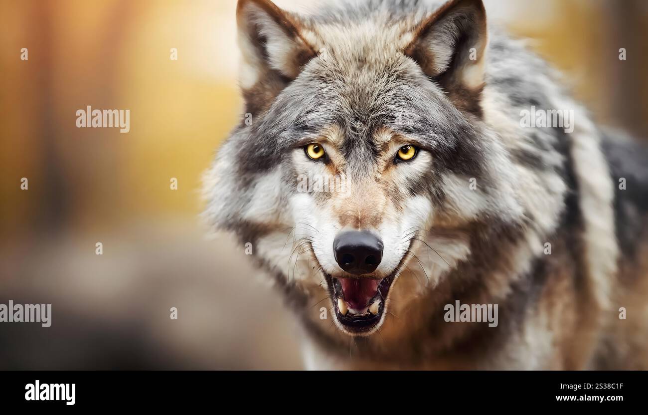 A wolf is depicted with its mouth agape, showing its sharp teeth as it ...