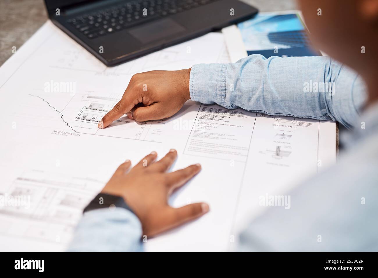 Architect, drawing and design with proposal, blueprint and document ...