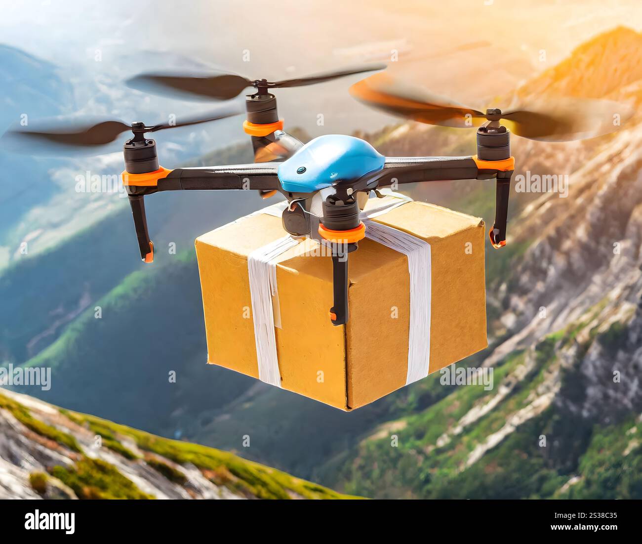 Drone flies and carries a cardboard box. Air transportation of cargo ...