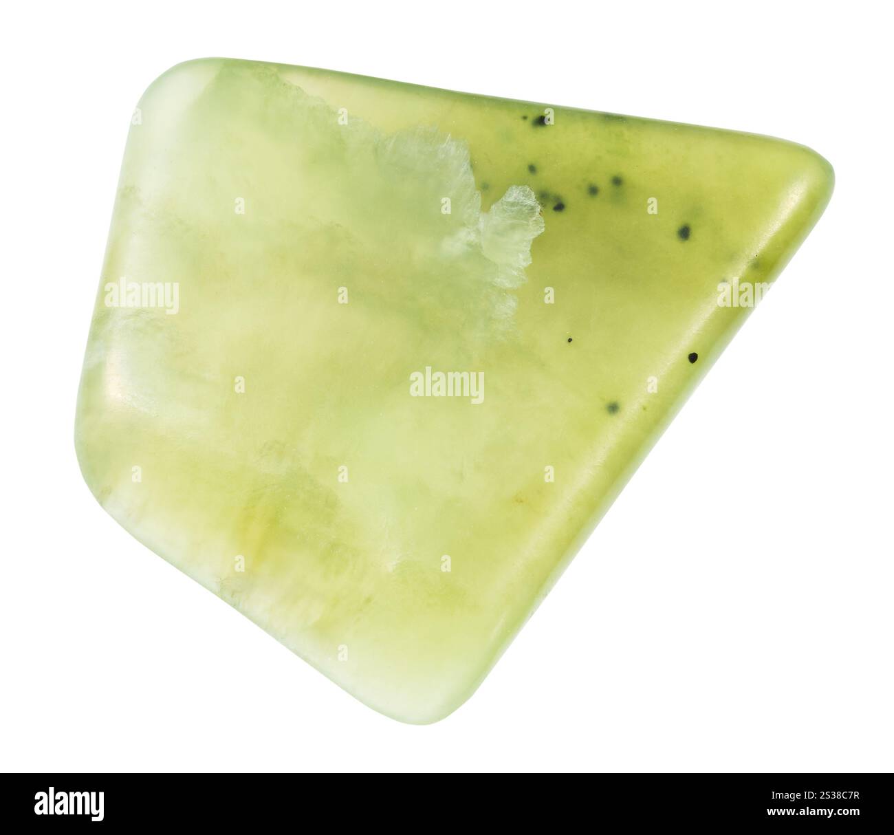 close up of sample of natural stone from geological collection - polished light green nephrite ...