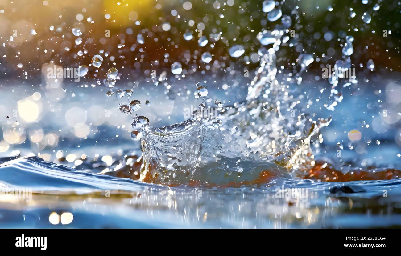 A splash of water breaks the surface tension of a calm lake, creating ...