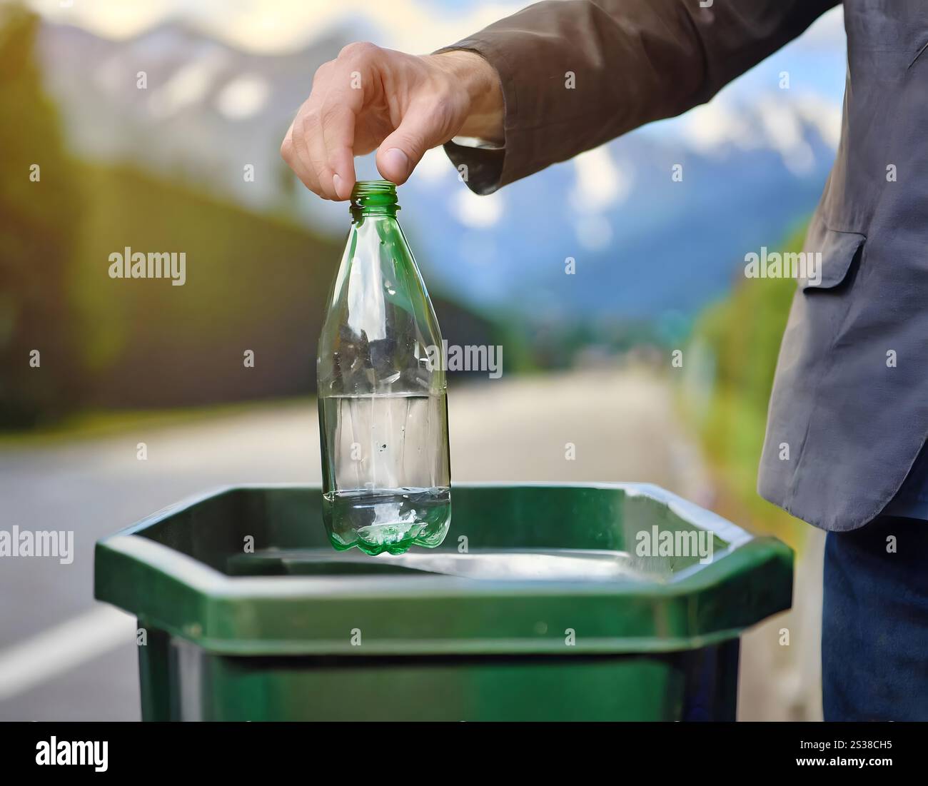 A man is shown disposing of a bottle of water by placing it into a ...