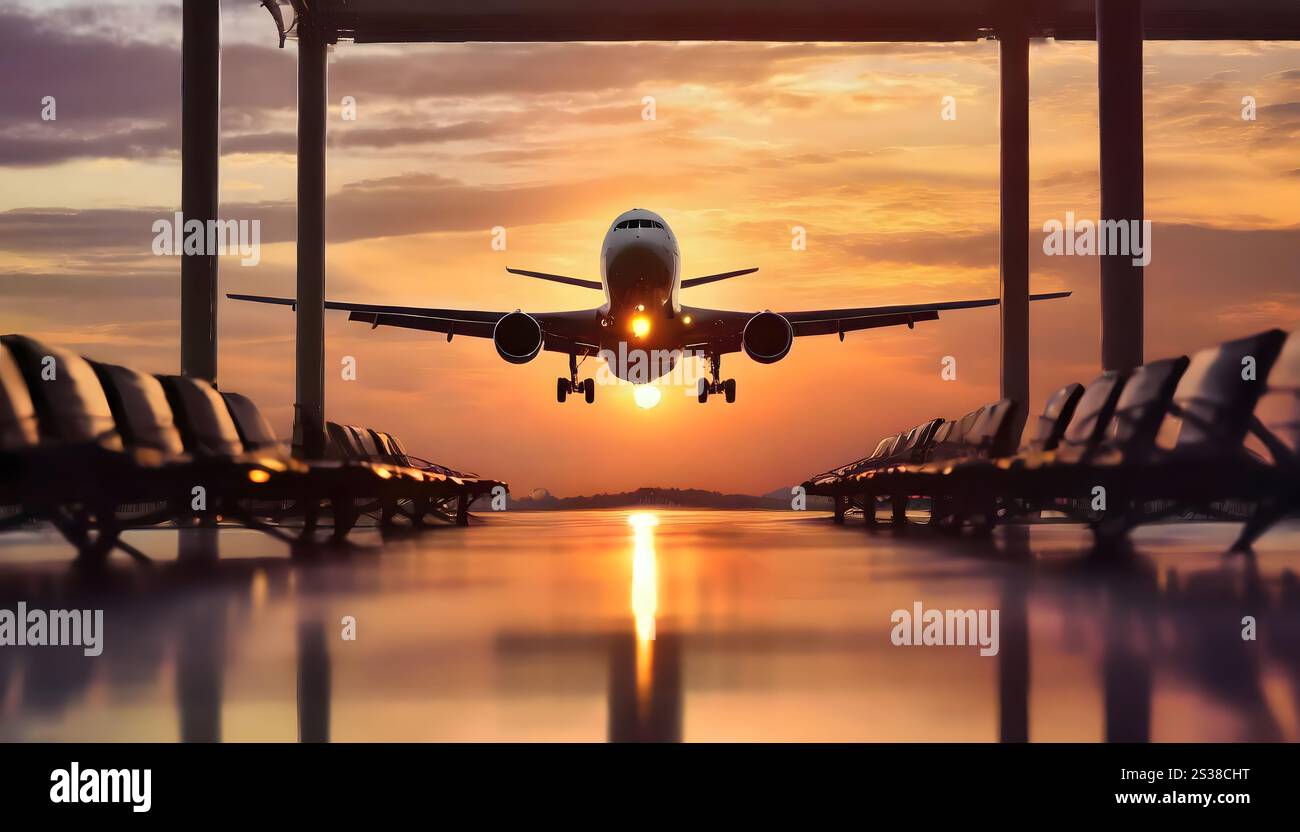 An airplane is shown taking off from an airport runway, gaining ...