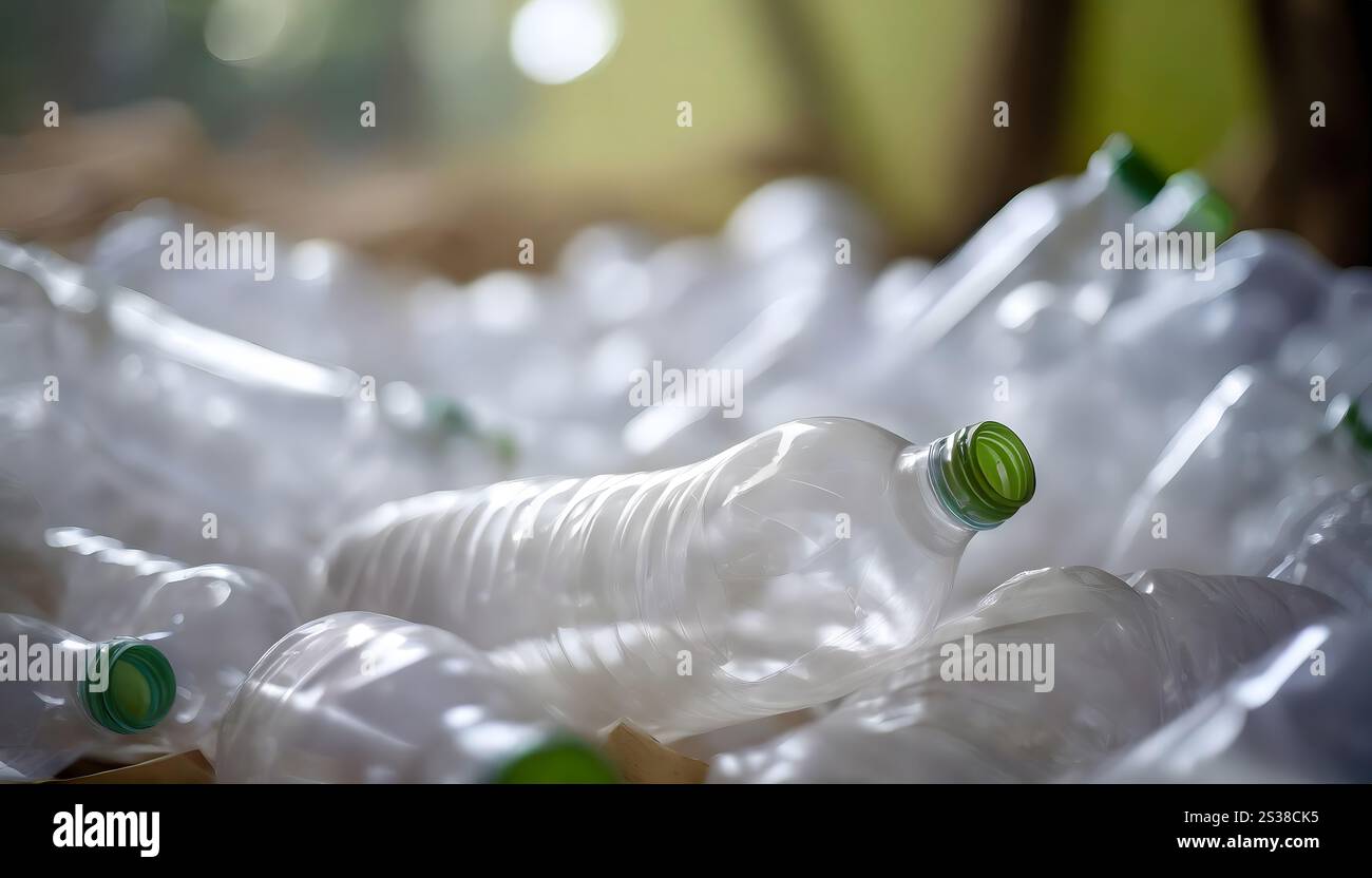 A collection of empty plastic bottles piled up on top of a table in a ...