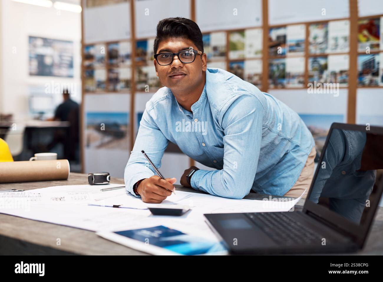 Architect, portrait and drawing with interior design, blueprint and ...